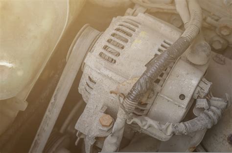 오래된 자동차 엔진 발전기 자동차 수리점에서 엔진 수리 및 유지 보수 표면에 부식이있는 더러운 모터 부품 선택적 초점 건강관리와