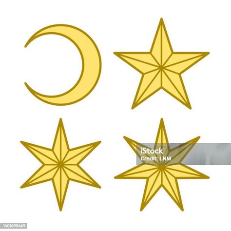 Ikon Bulan Dan Bintang Emas Mengatur Clip Art Vektor Ilustrasi Stok