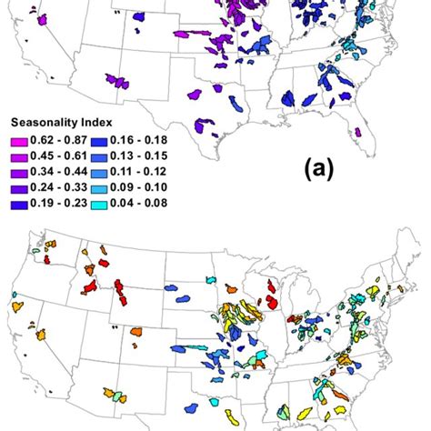 Spatial Patterns Of Seasonality Index A And Baseflow Index B Across Download Scientific