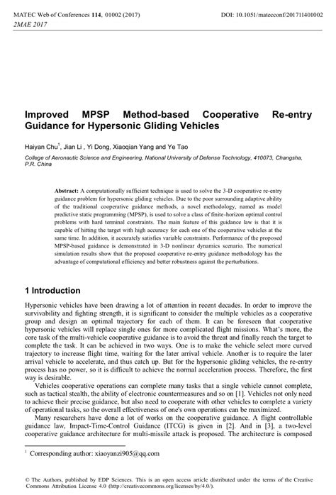 Pdf Improved Mpsp Method Based Cooperative Re Entry Guidance For Hypersonic Gliding Vehicles