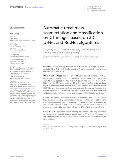 Pdf Automatic Renal Mass Segmentation And Classification On Ct Images Based On 3d U Net And