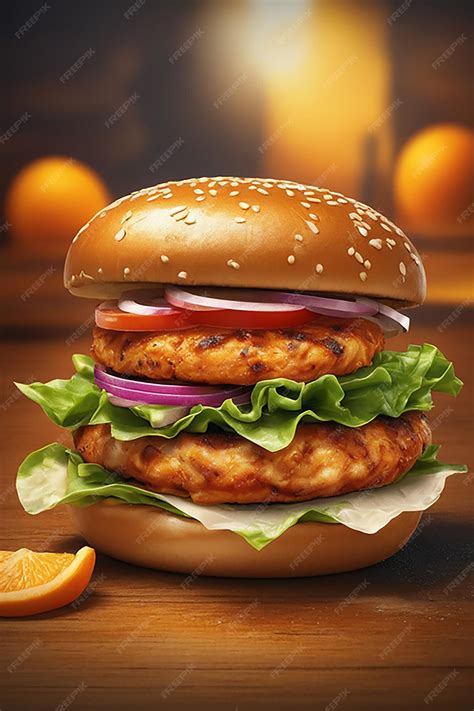 Premium Ai Image Big Juicy Chicken Burger Sandwich On A Orange