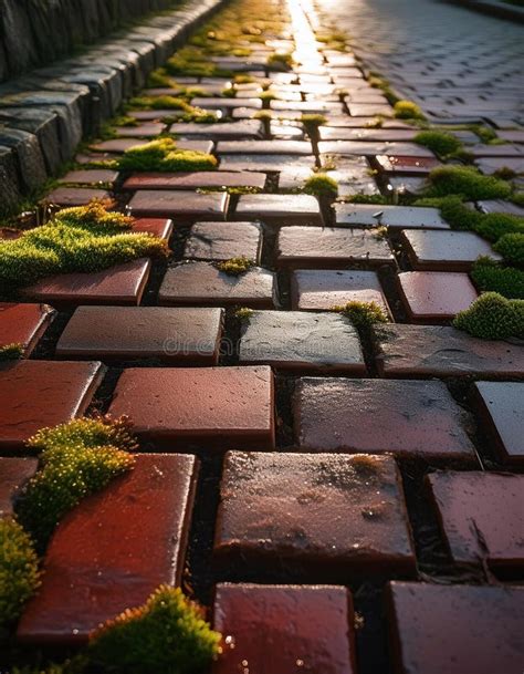 Moss Covered Cobblestones Curve Gently In A Captivating Urban Pattern Stock Illustration
