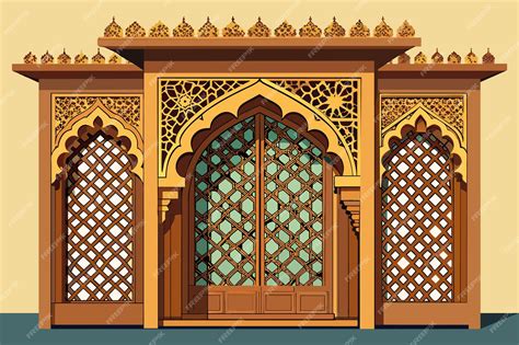 Elaborate Architectural Gateway With Intricate Lattice Patterns In A Stylized Middle Eastern