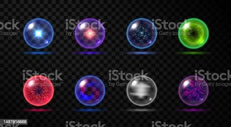 마법의 수정 구슬은 네온 조명으로 유리 구체 모양을 날리며 사실적인 벡터를 설정합니다 구에 대한 스톡 벡터 아트 및 기타 이미지 구 유리 재료 경외감 Istock