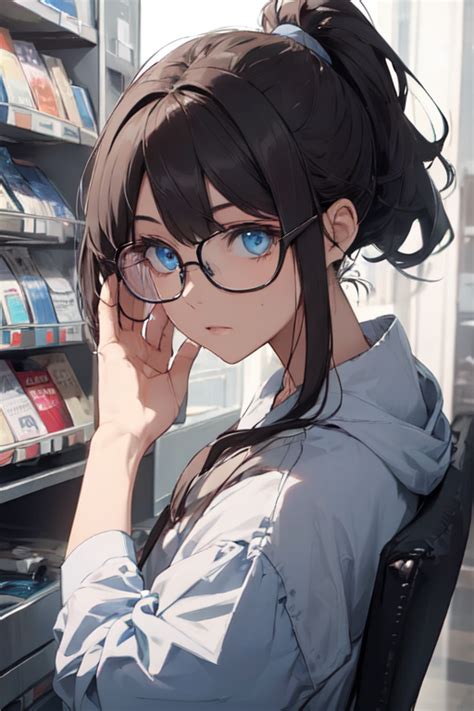 Anime Girl With Brown Hair And Blue Eyes And Glasses