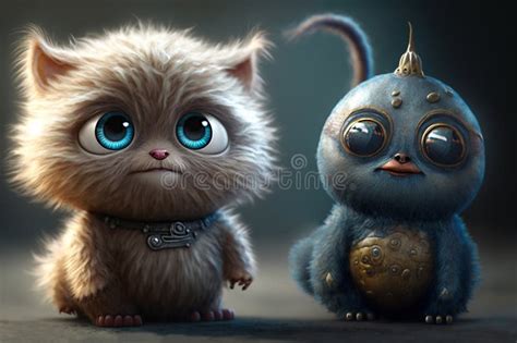 Cartoon Kitten And Chick With Beautiful Big Eyes Beautifulillustration