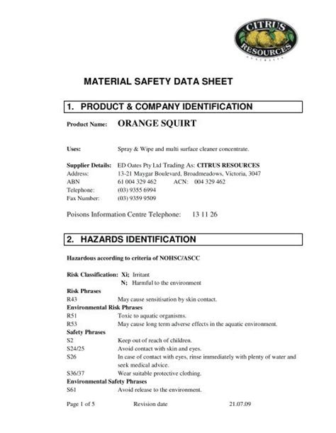 MATERIAL SAFETY DATA SHEET ORANGE SQUIRT