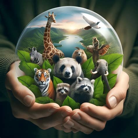 Hands Cradle A Glass Sphere Containing Diverse Animals And A Vibrant