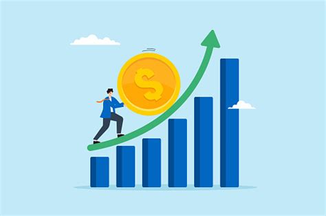 사업가가 큰 달러 동전을 밀어 올리는 평면 그림 막대 차트 금융 성장 투자 노력 이익 창출 저축 연금 기금 및 사업 성공 개념에 대한 스톡 벡터 아트 및 기타 이미지