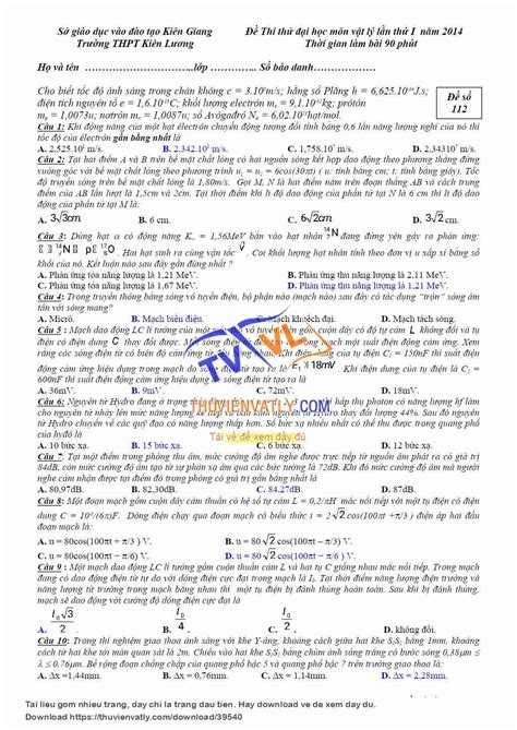 [doc] Đề Thi Thử đại Học Môn Vật Lý 2014 Thư Viện Vật Lý
