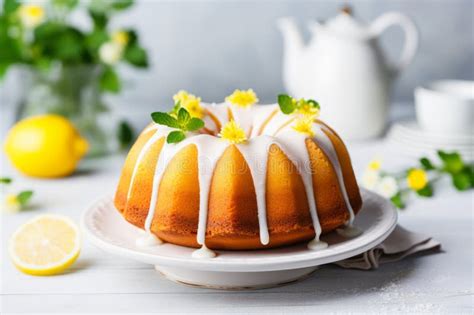 Lemon Bundt Cake With Powdered Sugar Glaze On White Table Stock Image