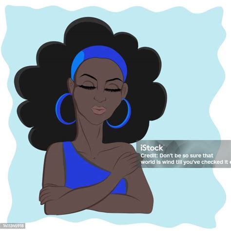 검은 곱슬머리 검은 피부 여성의 벡터 그리기 진한 파란색 드레스 파란색 머리띠 연한 파란색 배경에 눈을 감은 귀걸이 갈색에 대한