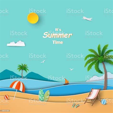 종이 컷 스타일에 여름 개념 해변과 푸른 하늘에 바다 풍경 파도 코코넛 나무 서핑 보드 우산과 공 공 스포츠 장비에 대한 스톡 벡터 아트 및 기타 이미지 Istock