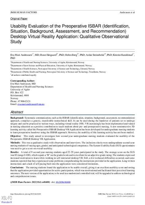Pdf Usability Evaluation Of The Preoperative Isbar Identification Situation Background