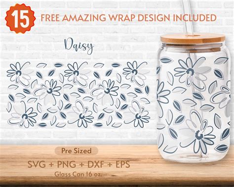 Outline Flower Glass Wrap Svg 16oz Libbey Full Wrap Svg Floral Can