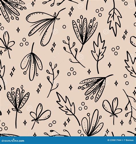 Vector Seamless Pattern Flowers With Leaves Botanical Illustration For