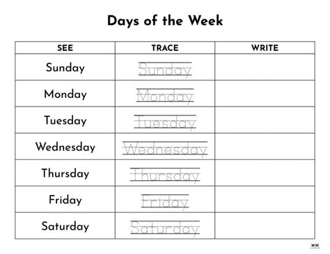 Days Of The Week Tracing Worksheet Printable PDF Template