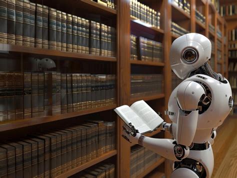A Humanoid Robot Reads A Book In A Traditional Library Symbolizing The Intersection Of
