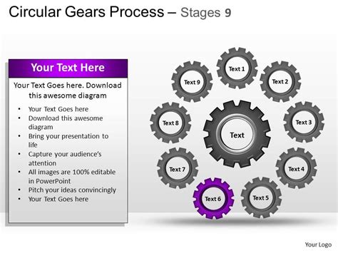 Circular Gears Flowchart Process Diagram Stages 9 Ppt Templates 0412
