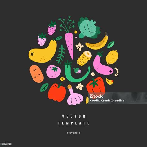 야채 배열 다양한 과일과 야채의 손으로 그린 그림 텍스트 귀여운 채소 현대 벡터 드로잉 검은 배경에 대한 복사 공간이있는 배너 템플릿 야채 가든에 대한 스톡 벡터 아트 및