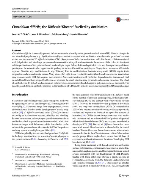 Pdf Clostridium Difficile The Difficult “kloster” Fuelled By Antibiotics