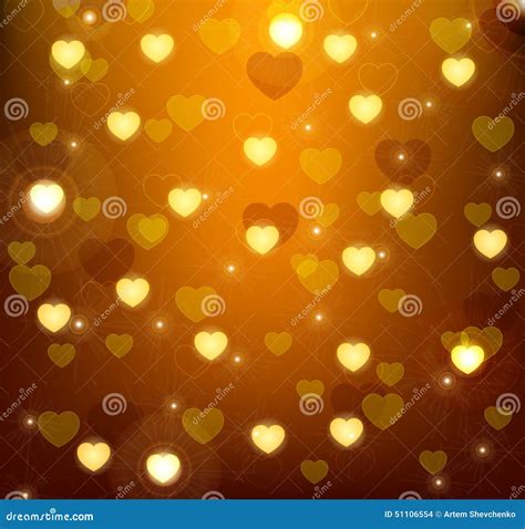 Glowing Gold Background With Glowing Hearts Stock Vector Illustration