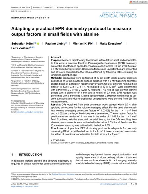 Pdf Adapting A Practical Epr Dosimetry Protocol To Measure Output