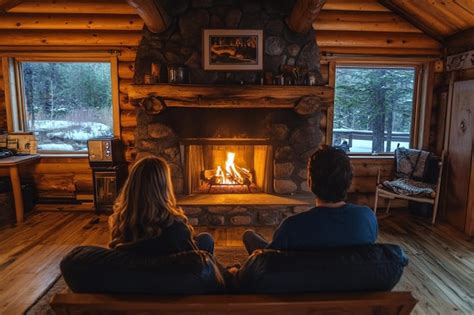 A Couple Sitting By A Fireplace In A Cozy Cabin Ar Premium Ai