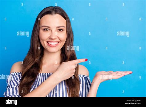 Photo Of Sweet Shiny Lady Wear Off Shoulders Clothes Pointing Finger