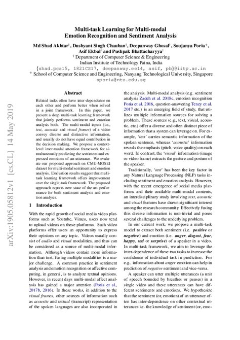 pdf multi task learning for multi modal emotion recognition and