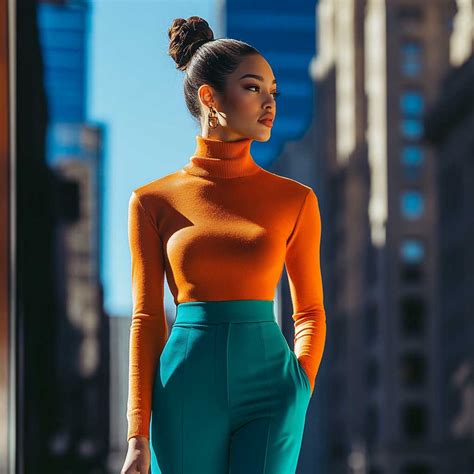 6 Turtle Neck Outfit Ideas With Bright Orange And Teal Accents