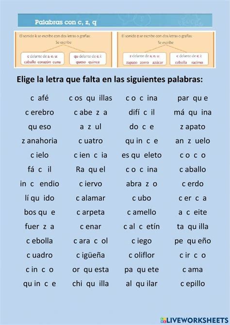 Palabras con c z qu worksheet Ortografia española Nivel educativo