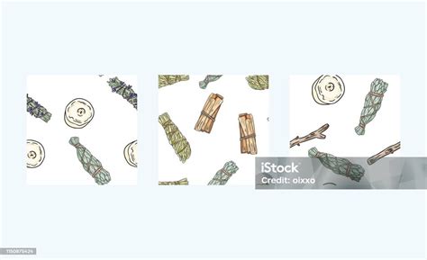 세이 지 스머지 스틱 및 양 초 손으로 그린 보헤미안 완벽 한 패턴 세트입니다 라벤더 세이 지 팔로 산 토 번들 텍스처 배경 가지 식물 부위에 대한 스톡 벡터 아트 및 기타