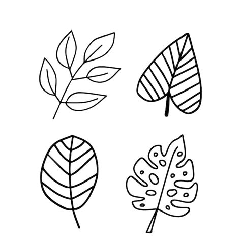 Conjunto de doodle dibujado a mano línea arte hojas de otoño en blanco y negro Vector Premium