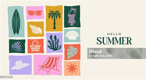 여름 배경 패턴 카드 배너 템플릿 손으로 그린 현대적인 일러스트레이션 조개껍데기가 있는 낙서 서핑 보드 해변 의자 수영복 및 플립플롭 요소 개체 그룹에 대한 스톡 벡터 아트