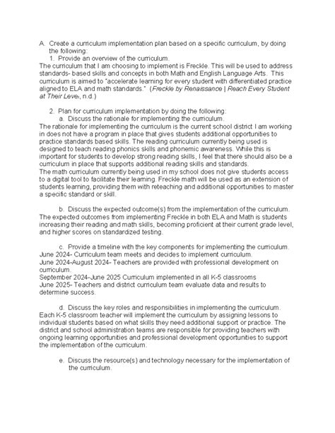 d185 task 4 curriculum implementation plan for freckle ela and math