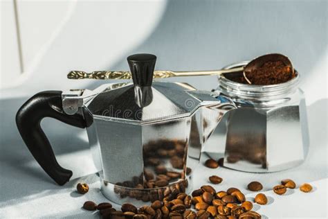 Geyser Coffee Maker Making Coffee Set On The White Table Top View