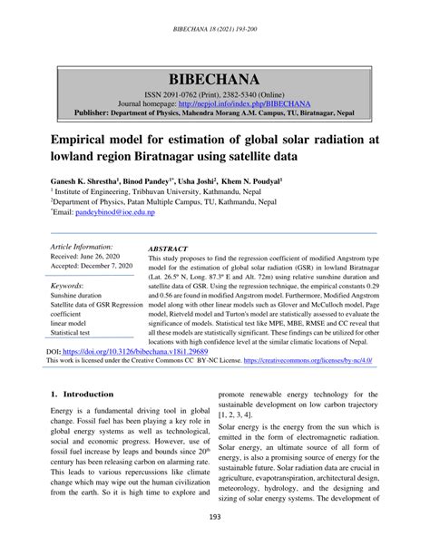 Pdf Empirical Model For Estimation Of Global Solar Radiation At Lowland Region Biratnagar