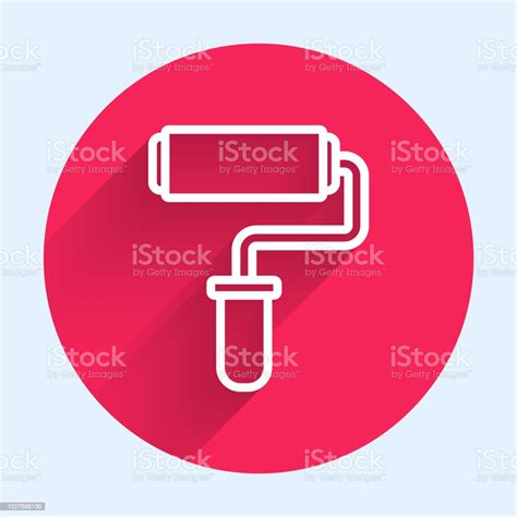흰색 선 긴 그림자로 격리 된 롤러 브러시 아이콘을 페인트합니다 빨간색 원 버튼입니다 벡터 일러스트레이션 가사 집안일에 대한