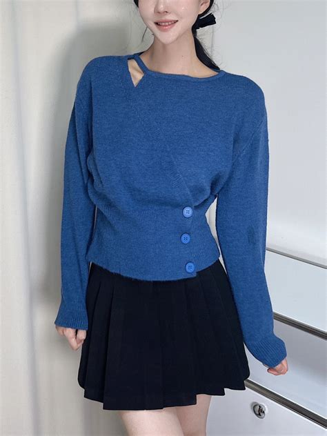 [당일출고 개강룩] 옆단추 끈 포인트 랩니트 트임 니트 에이블리