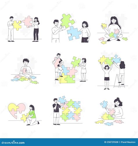 People Assembling Jigsaw Puzzle Connecting Mosaiced Pieces Together