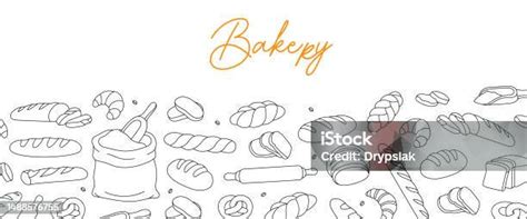 빵 가게 개요 배너입니다 베이커리 메뉴 디자인을 위한 가로 배경입니다 밀 빵 프레첼 치아바타 크루아상 프렌치 바게트 갈색 빵에 대한 스톡 벡터 아트 및 기타 이미지 Istock