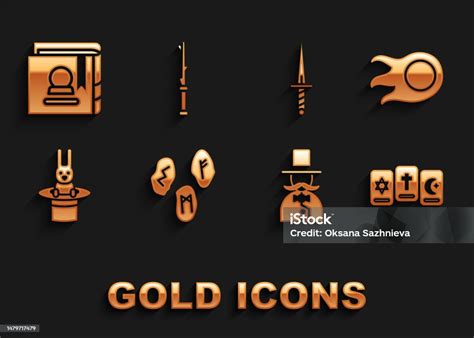 마법 룬 불 덩어리 세 개의 타로 카드 마술사 모자와 토끼 단검 고대 마법 책과 지팡이 아이콘을 설정합니다 벡터 0명에 대한 스톡 벡터 아트 및 기타 이미지 Istock