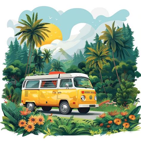 Premium Vector Retro Camper Vans In Forest Cartoon Sticker T Shirt