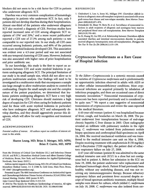 Cryptococcus Neoformans As A Rare Cause Of Hospital Infection