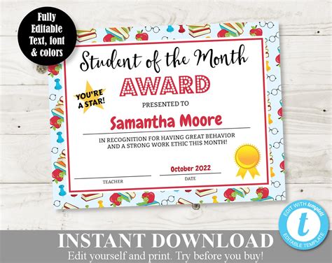 Instant Download Printable 85x11 Student Of The Month Classroom Awards