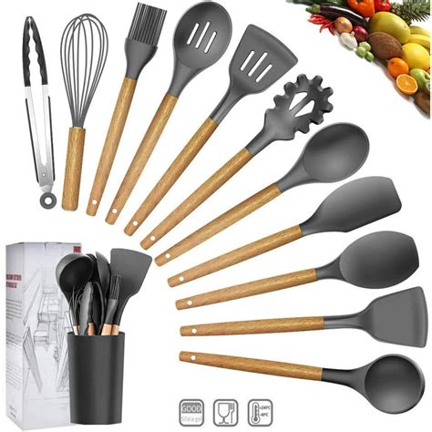 13 Piece Silicone Kitchen Utensil Set Heat Resistant Kitchen Gadgets With Anti Spill Tool Black