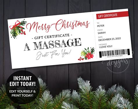 Christmas Massage T Certificate Editable Template Café Latte Designs