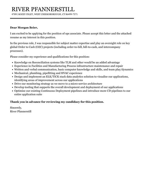 Ops Associate Cover Letter Velvet Jobs